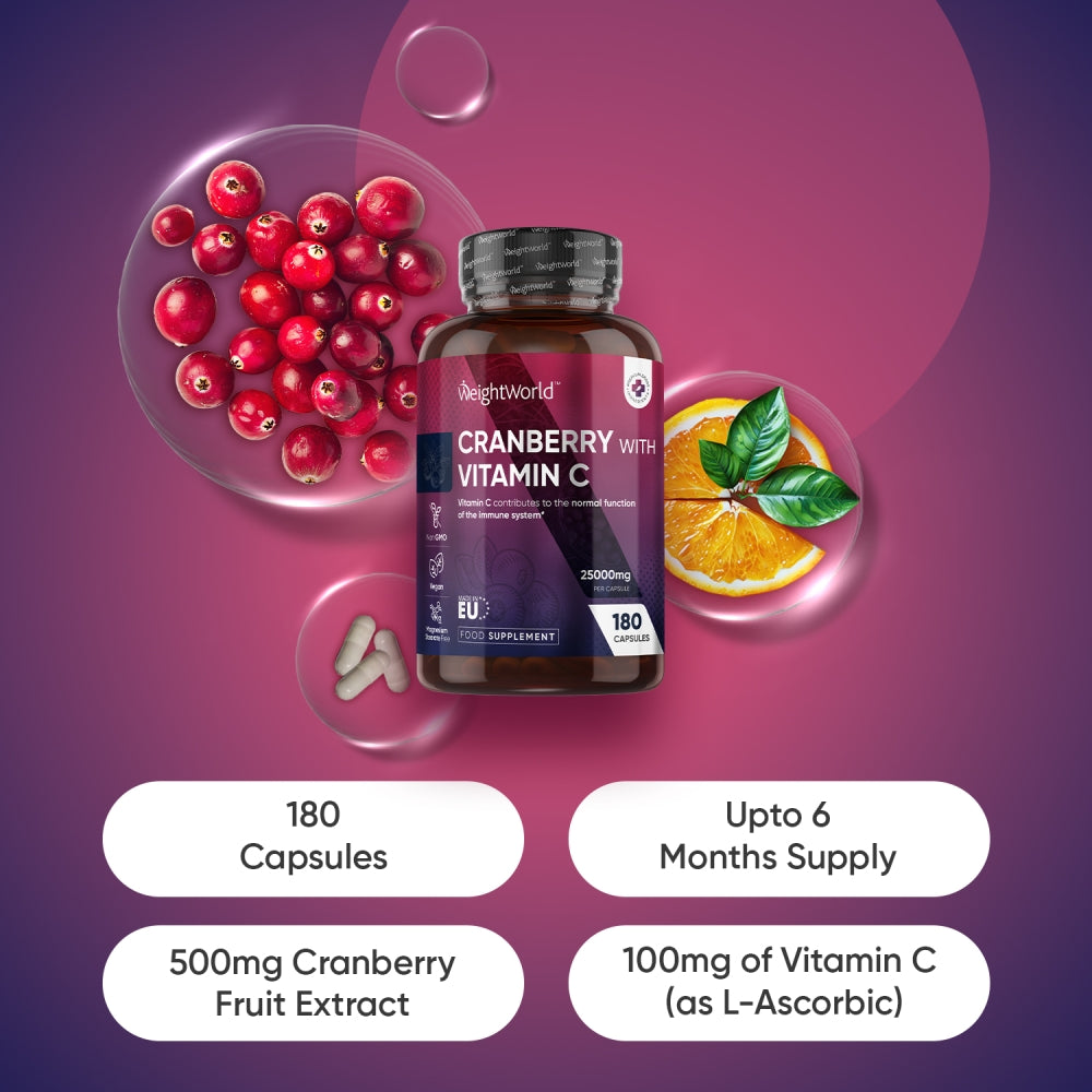Cranberry Capsules With Vitamin C | 25,000mg 180 Capsules | WeightWorld